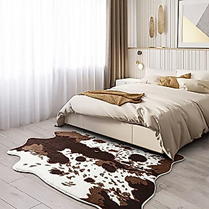 Kimicole Cute Cow Print Rug Faux Cowhide Rug, Upgraded Fluffy Animal Printed Area Rug for Living Room Bedroom Office Western Decor, Luxury Animal Print Carpet Non-Slip, Brown and White, 4.6ft x 5.2ft
