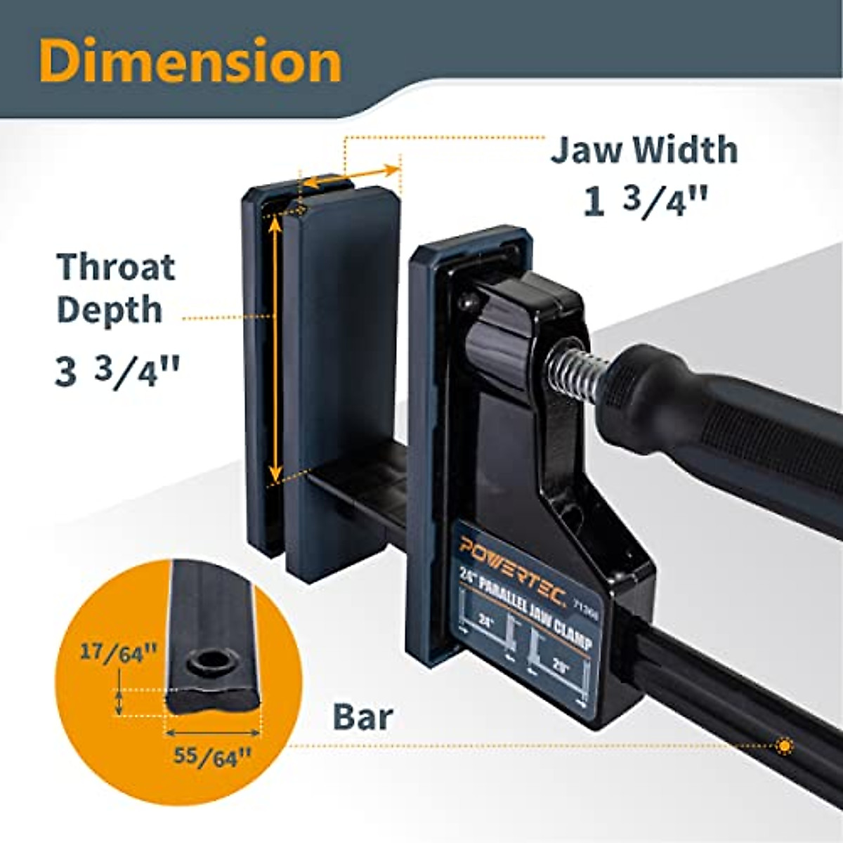 POWERTEC 71368 24-Inch Parallel Clamps for Woodworking | 90 Degree Heavy Duty Steel Bar Jaw Clamp Spreader Tool | 2PK