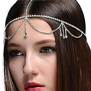 Fdesigner Crystal Head Chain Silver Bride Rhinestone Tassel Hair Chain Wedding Pendant Headpieces Jewelry Pageant Costume Hair Accessories for Women