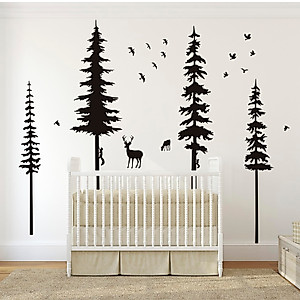 Pine Tree Wall Decals Woodland Vinyl Wall Sticker Forest Wall Decals with Animal Wall Stickers Squirrels Deers Wall Stickers for Kids Nursery Children Room Living Room Wall Decoration (Black)