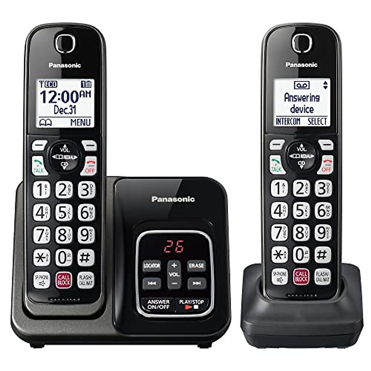 Panasonic Cordless Phone with Answering Machine, Advanced Call Block, Bilingual Caller ID and Easy to Read High-Contrast Display, Expandable System with 2 Handsets - KX-TGD832M (Metallic Black)