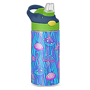 Boccsty Magic Mushrooms Pattern Kids Water Bottle with Straw Lid 60s Hippie Insulated Stainless Steel Reusable Tumbler for Boys Girls Toddlers 12 oz Green