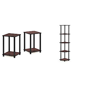 Furinno Turn-N-Tube End Table Corner Shelves, Set of 2, Dark Cherry/Black & Turn-N-Tube 5 Tier Corner Display Rack Multipurpose Shelving Unit, 1-Pack, Dark Cherry/Black