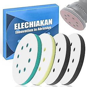 4 Pack Upgraded Foam Sanding Pads for Orbital Sander, 5 Inch 8 Holes Orbital Sander Surfprep Foam Pad, Hook and Loop Soft Density Interface Pads with Soft & Hard Cushion Sponge Buffer by Elechiakan