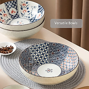 Ceramic Pasta Bowls，9.25 inch Large Salad Bowls,deep 2.76inch,72oz,Set of 3,Microwave and Oven Safe,Dishwarebowls for Serving Dinner, Salad, Soup, Oatmeal, Mix-Match Pattern, Gift