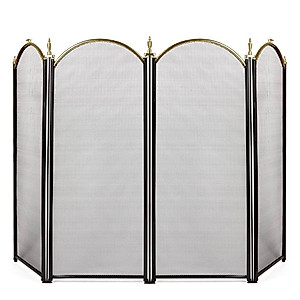 AMAGABELI GARDEN & HOME Decorative Gold Fireplace Screen 4 Panel Folding Ornate Wrought Iron Black Metal Fire Place Free Standing Gate Large Mesh Solid Steel Spark Guard Cover Outdoor Accessories