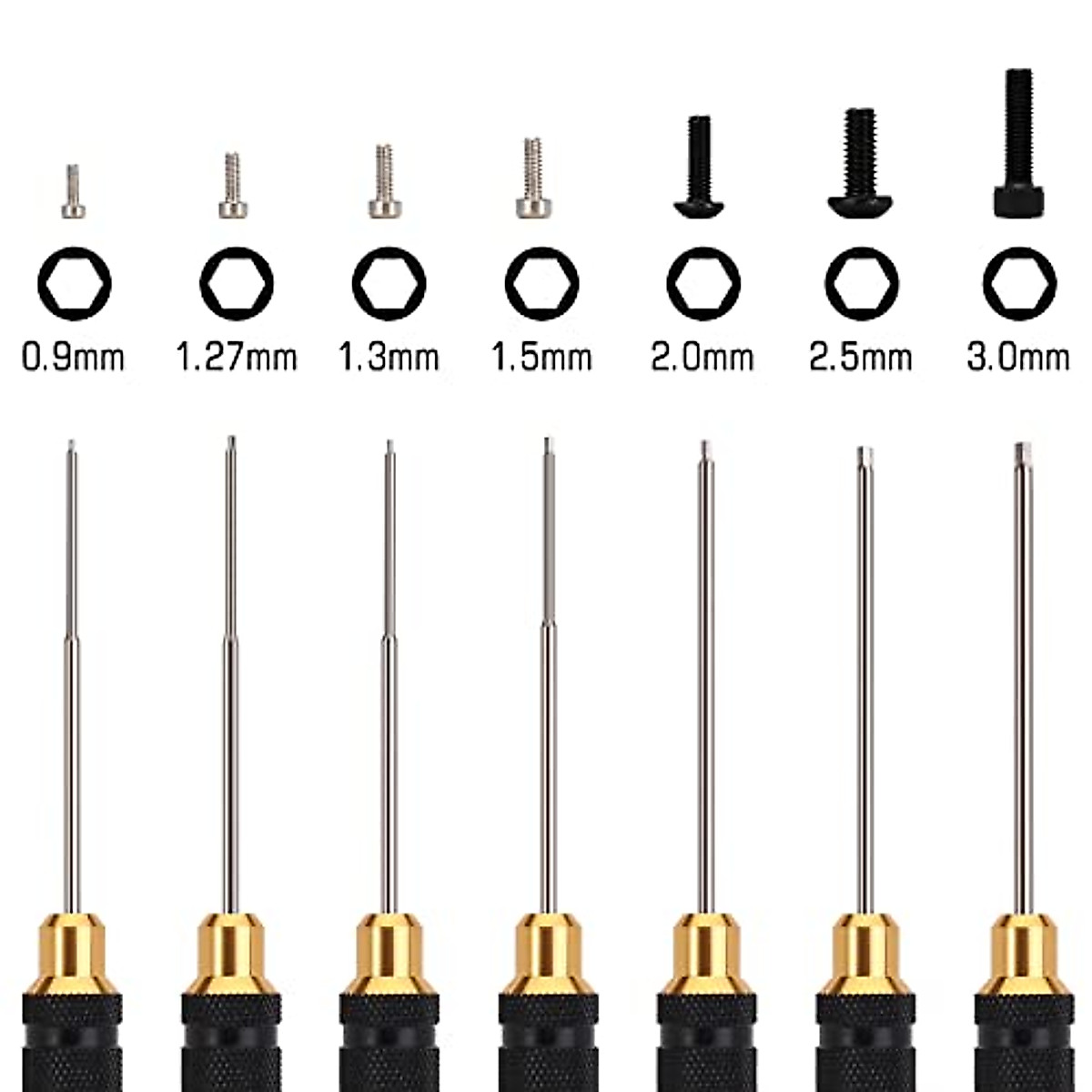 INJORA 7 PCs RC Hex Screw Driver Set, RC Repair Tools Kit, Allen Wrenches Sets, 0.9, 1.27, 1.3, 1.5, 2.0, 2.5, 3.0mm Hexagon Head Screwdriver Wrenches for RC Model Car Drone Boat Helicopter