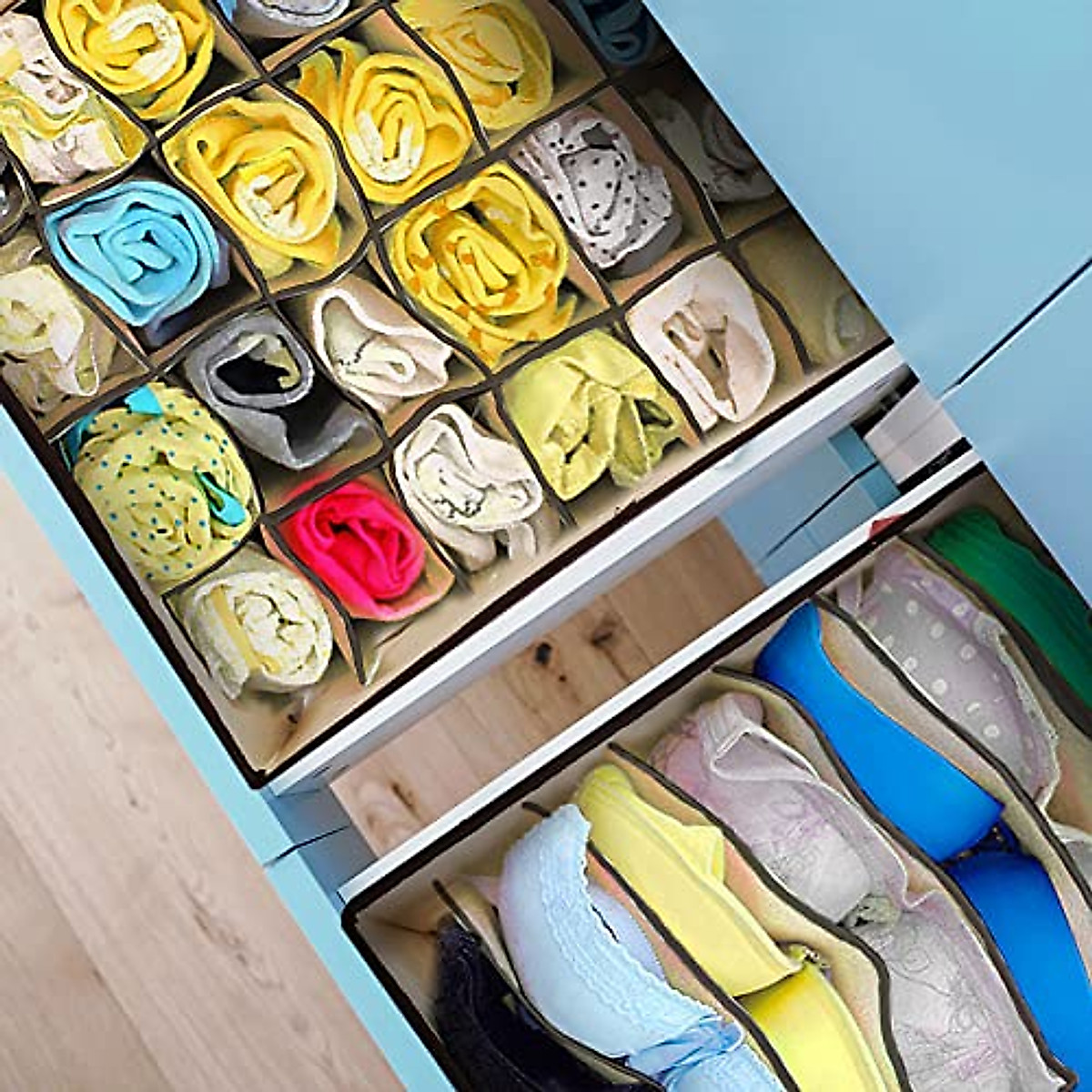 5pcs Underwear Drawer Organizers Divider Foldable Cabinet Closet Hanging Bag, Wardrobe Storage Box for Clothes, Socks, Ties, Belts(Beige)