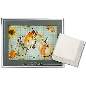 Decorative Glass Kitchen Cutting Board: Modern Farmhouse Pumpkin Gourd Design with Green Plaid Background