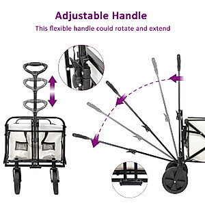YSSOA Extended Folding Utility Wagon, 330LBS Heavy Loaded Collapsible Garden Cart with Anti-Slip Wheels, Adjustable Handle and Side Pockets, Large, White, X-Large