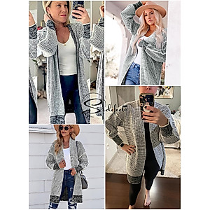 Sidefeel Womens Cardigan Plaid Open Front Chunky Knit Oversized Long Cardigan Sweaters Winter Coats Gray Medium