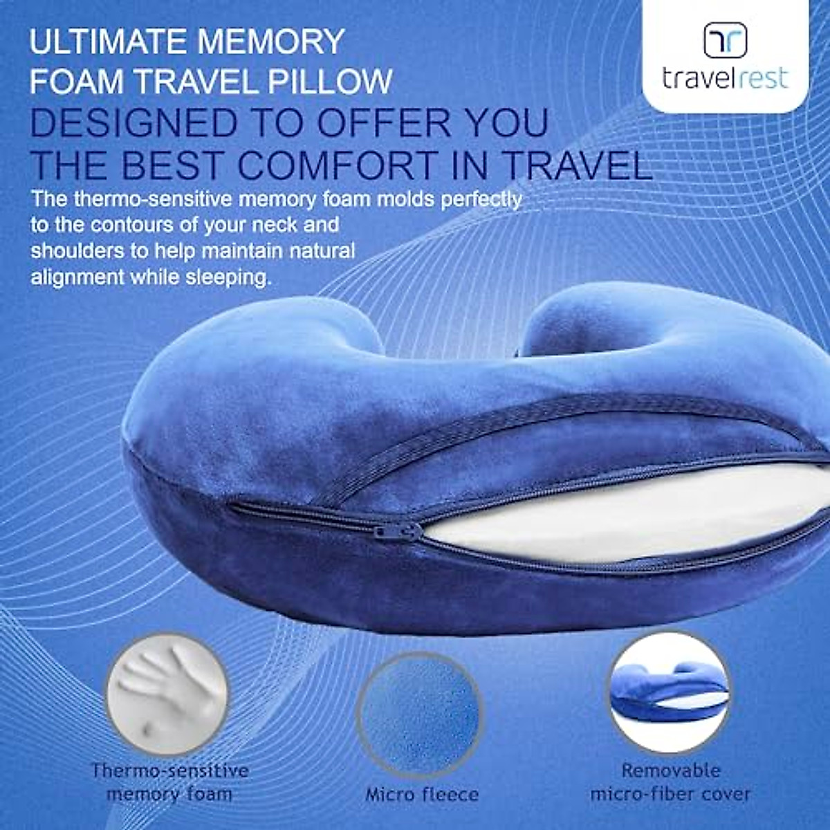 TRAVELREST - Travel & Neck Pillow, Therapeutic Memory Foam, Washable Micro-Fiber Cover, Soft and Comfortable - Head Support for Long Flights, Compact and Ergonommic Design, Attaches to Luggage - Blue