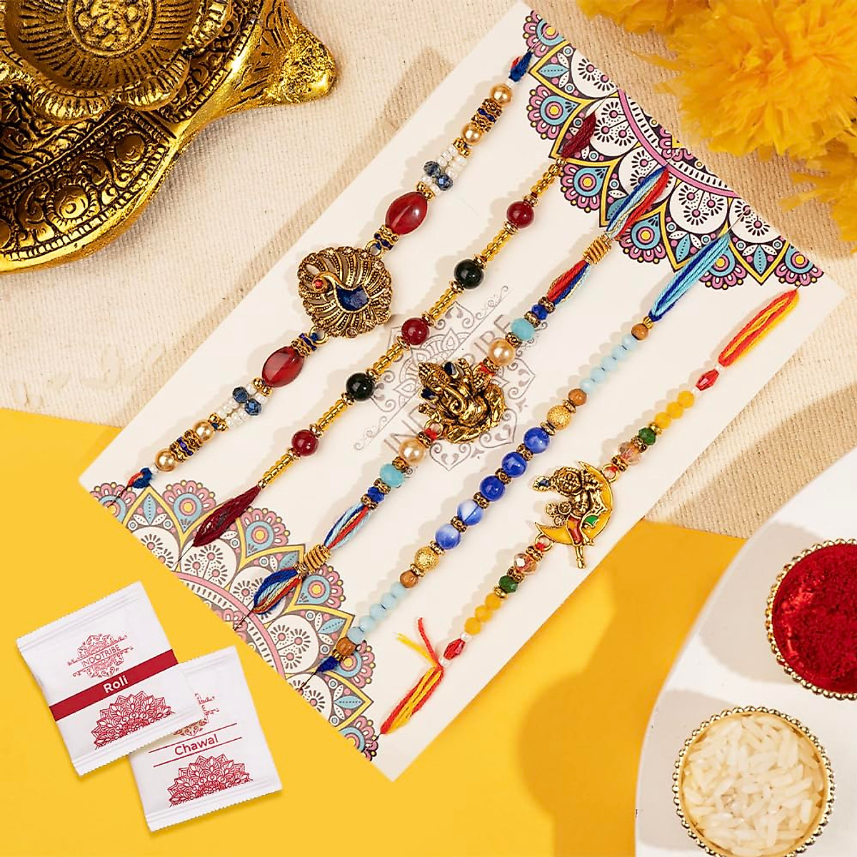 IndoTribe, Rakhi For Brother with Gift Set - Set of 5, Rakhi For Brother with Card, Roli Chawal | Rakhi for Brother and Bhabhi | Rakhi Hamper For Brother | Bhaiya Bhabhi Rakhi | Raksha Bandhan Rakhi