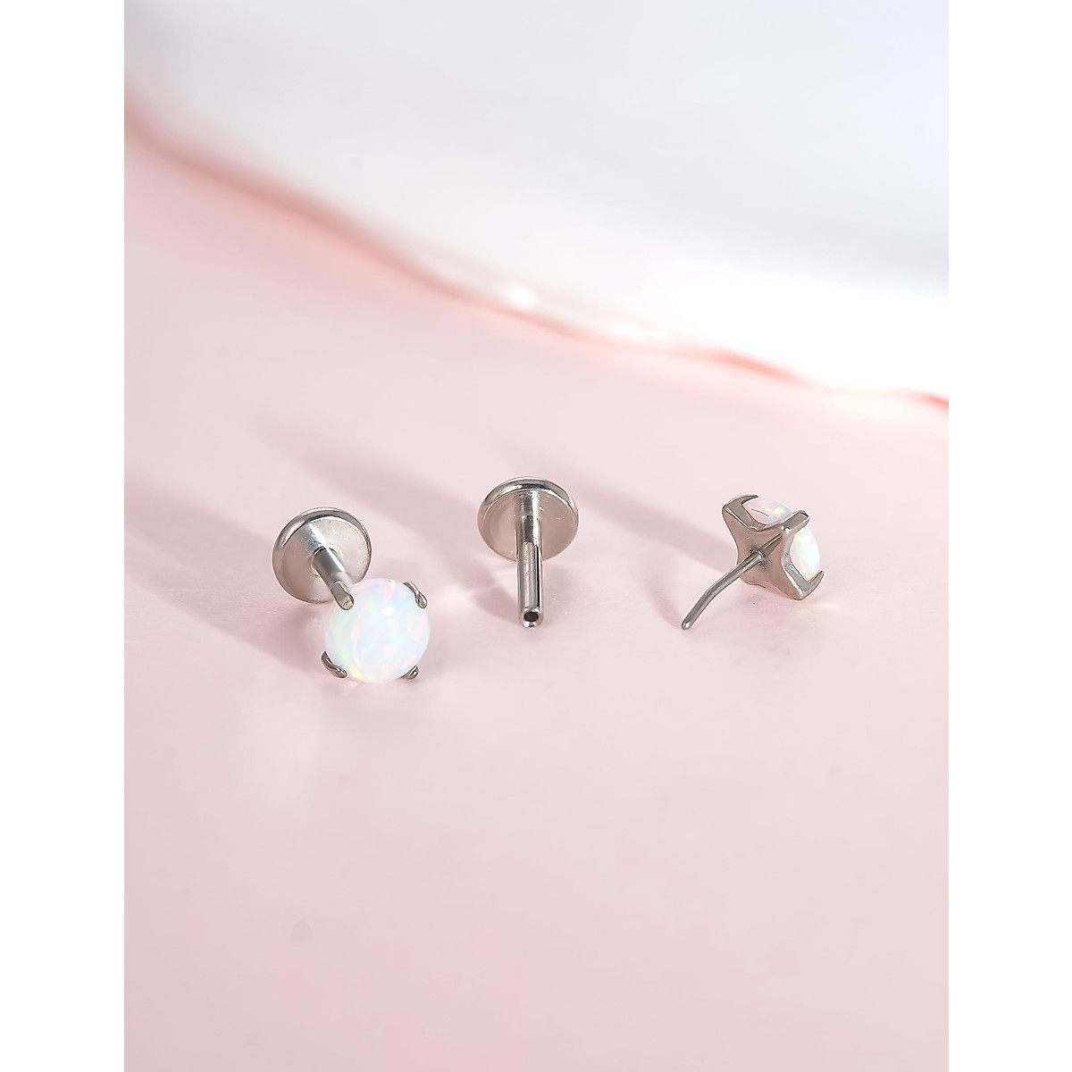 Limerencia G23 Hypoallergenic 18g Flat Back Stud Earrings | F136 Implant Grade Titanium Press Fit Threadless Push Pop in Cartilage Helix Labret Lip Monroe Tragus Piercing Studs (4mm White Opal Silver)