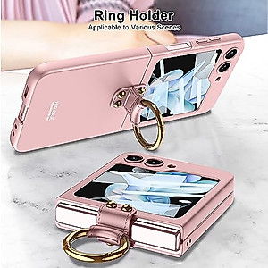 DOOTOO for Samsung Galaxy Z Flip 5 Case with Ring Holder Matte PC Built-in 9H Glass Screen Protector All-Inclusive Shockproof Case (Pink)