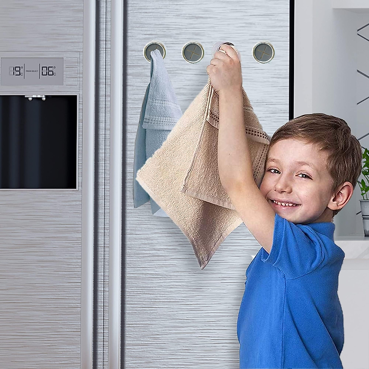 Round Kitchen Towel Hook Holder - 6 Pack Wall Mount Easy Push Drilling Chrome Hanger Shower Bathroom Hand Cloth Garage Self Adhesive Cabinet Dishcloth Silicone Rack Gadget