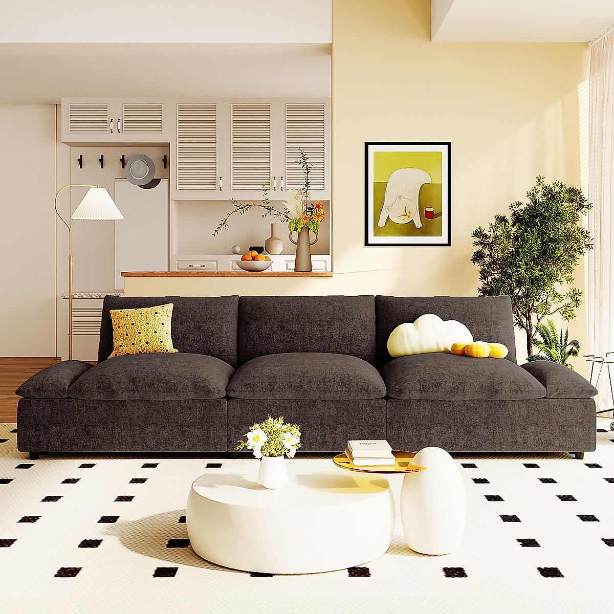 Merax 119.5" Upholstered 3 Seater Sofa, Comfy Cloud Couch with 2 Storage Units, Modern Deep Seat for Living Room Bedroom Apartment, Gray