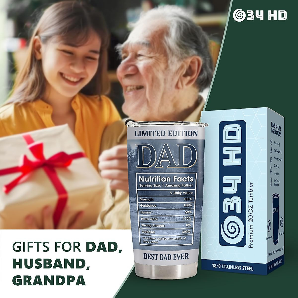 34HD Dad Light Tumbler with Lid, 20 oz Stainless Steel Vacuum Insulated Dad Coffee Mug, Daddy Gifts from Daughter Son Wife, Men Gifts for Fathers Day Birthday Christmas