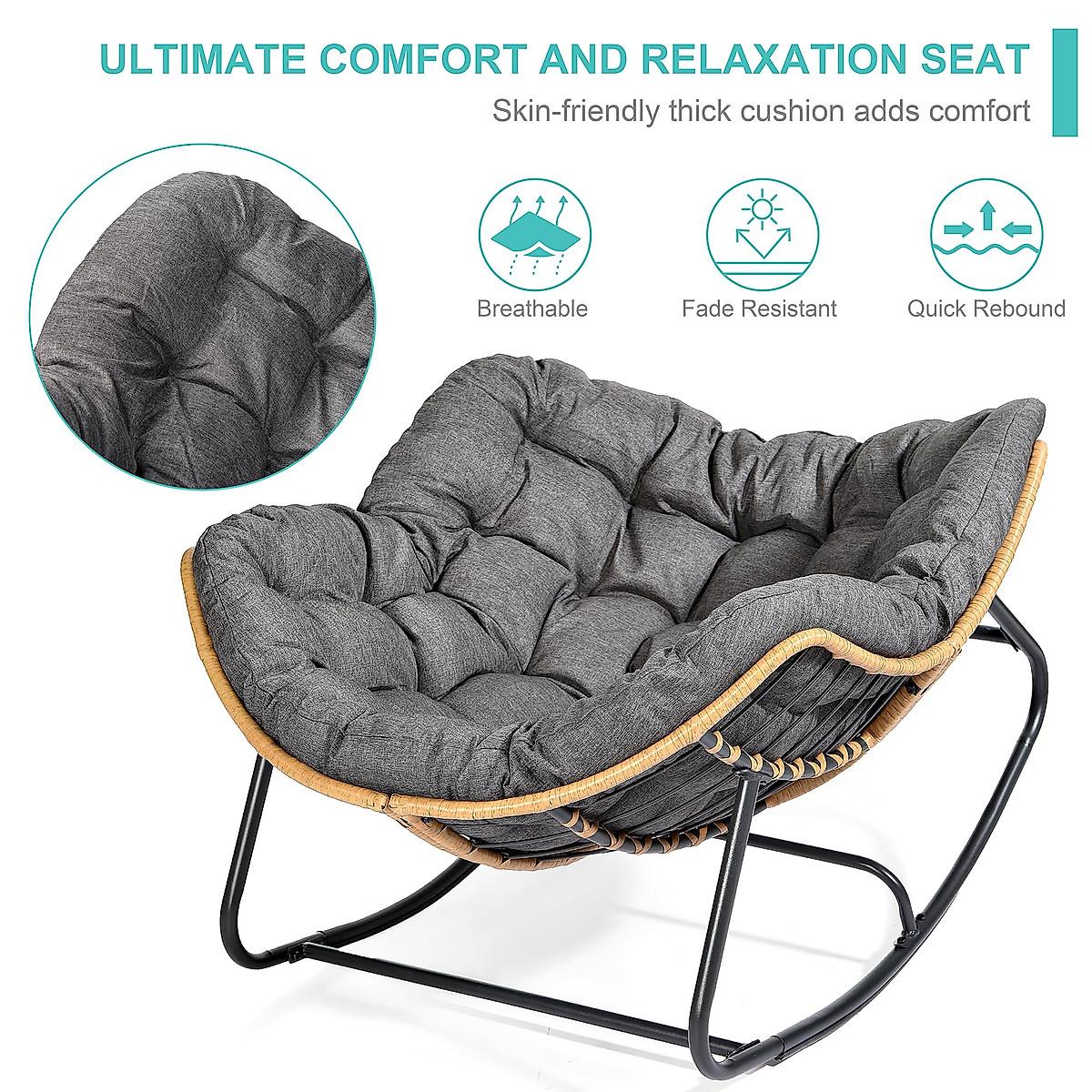 SWITTE Outdoor Rocking Chair, Patio Egg Rocking Chair, Indoor Papasan Chair, Rattan Wicker Lounge Chair, Modern Royal Chair for Bedroom, Living Room, Porch, Garden, Lawn-Dark Grey