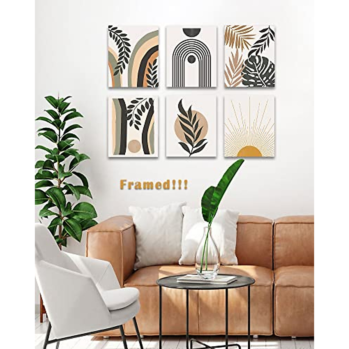 Boho Wall Art , Minimalist Wall Art , Boho Room Decor, Mid Century Modern Framed Canvas Wall Art, Abstract Boho Wall Decor, Bohemian Moon Phases Wall Painting For Living Room Bedroom Kitchen Office Home Decor Set of 6, 8x10in (Framed)