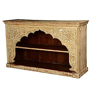 Hand Carved Solid Wood 2 Open Shelf Wood Wide Arched Bookshelf,Natural Finish Book Shelf, Distressed Finished Boho Indian Cabinet for Living Room Storage Bookshelf
