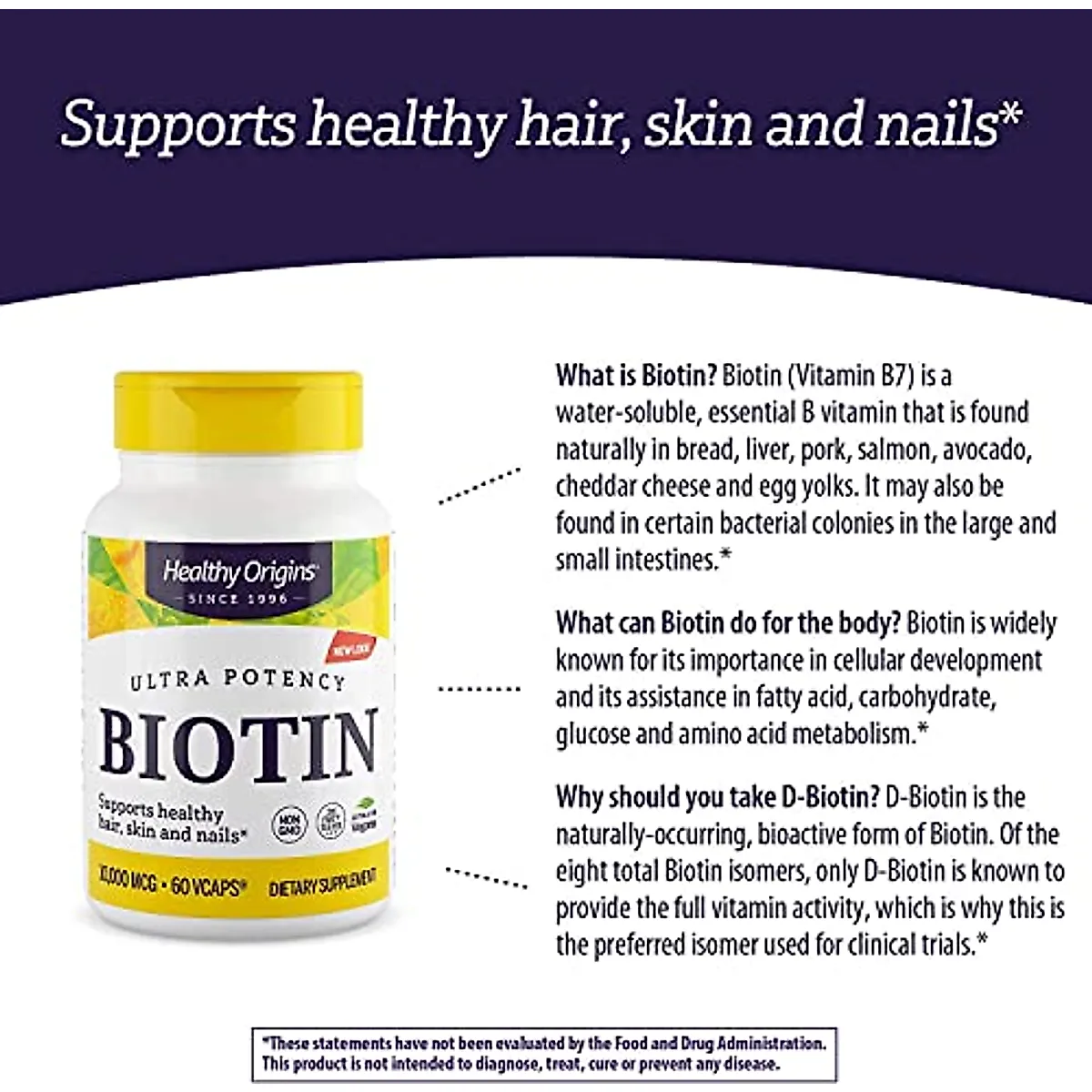 Healthy Origins Ultra-Potency Biotin (B7), 10,000 mcg - Supports Skin, Hair & Nails - High-Grade Vitamin B7 - Non-GMO, Gluten-Free Biotin for Vegans - 60 Veggie Capsules