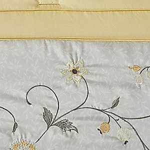 Madison Park Serene Faux Silk Comforter Set - Floral Embroidery Design, All Season Bedding Set, Matching Bed Skirt, Decorative Pillows, Yellow Queen(90"x90") 7 Piece