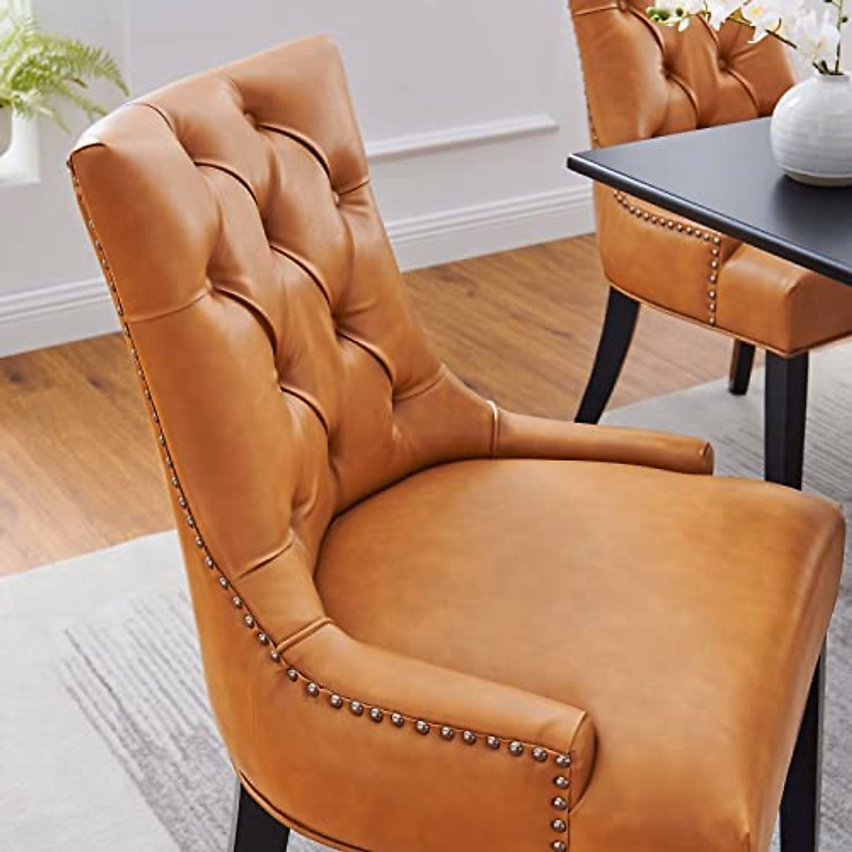 Modway Regent Modern Tufted Vegan Leather Upholstered Two Dining Chairs with Nailhead Trim in Tan