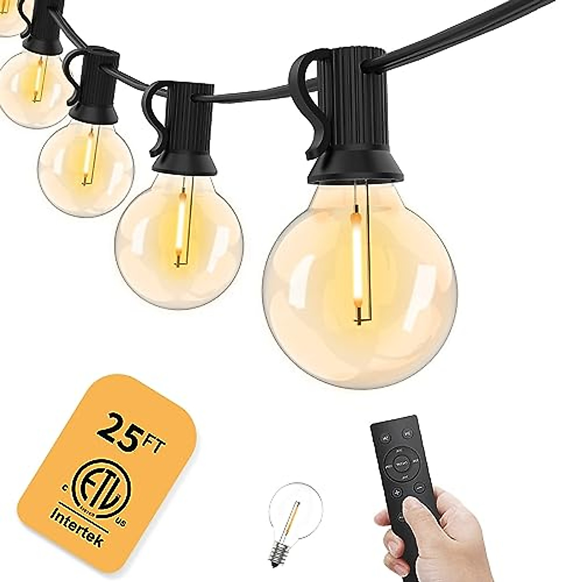 Yuusei Outdoor String Lights with Remote, 25Ft Dimmable LED Patio String Light with 12+1 Shatterproof G40 Bulbs, IP45 Waterproof Linkable Hanging Lights for Yard, Bistro, Porch,Cafe,2500K Warm White