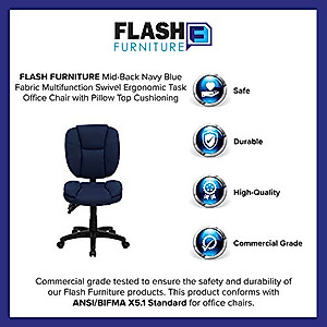 Flash Furniture Caroline Mid-Back Navy Blue Fabric Multifunction Swivel Ergonomic Task Office Chair with Pillow Top Cushioning