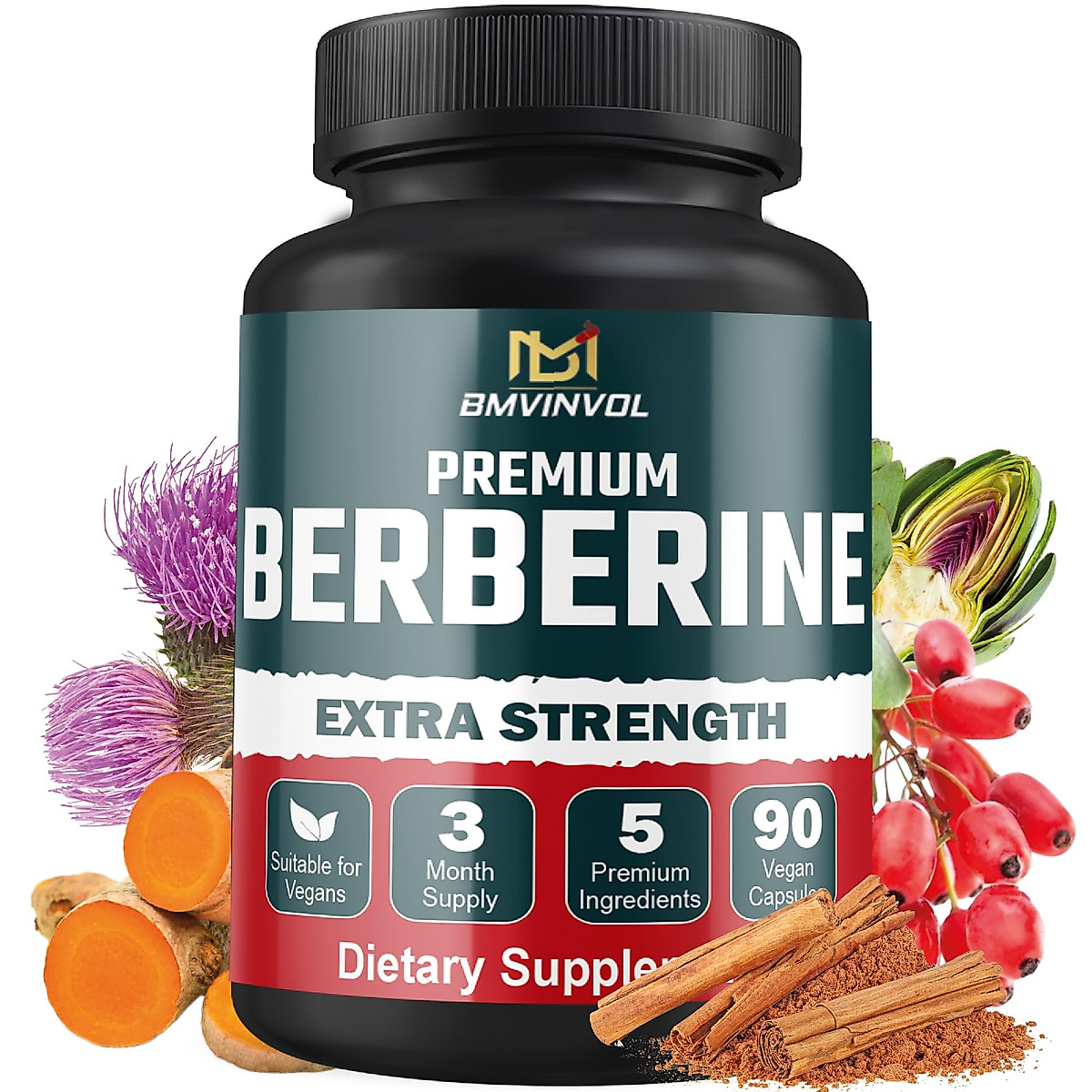 5-in-1 Berberine with Ceylon Cinnamon Milk Thistle Turmeric Artichoke - 3 Month Supply - 90 Capsules
