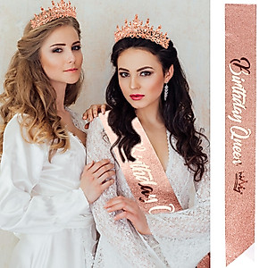 Velscrun Rose Gold Crystal Birthday Queen Tiara Crown for Women Girls Birthday Queen Headband Sash Elegant Princess Crown with Combs Hair Accessories Happy Birthday Party Decorations Mom Birthday Gift