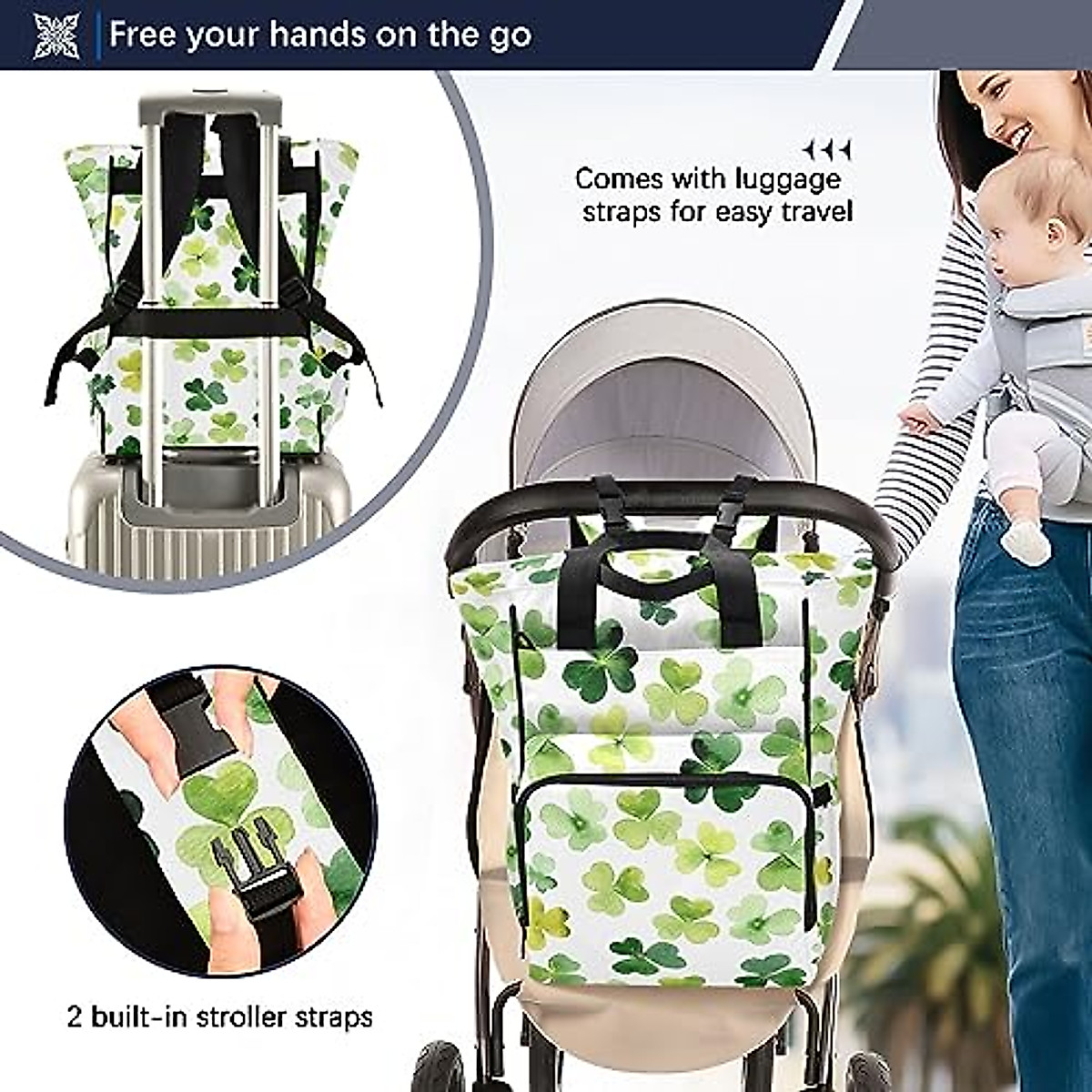 St. Patrick's Day Clover Diaper Bag Backpack for Baby Boys Girls Baby Essentials Travel Tote with Stroller Straps & Bottle Storage Maternity Travel Bag for Dads Moms Hiking Shopping Traveling