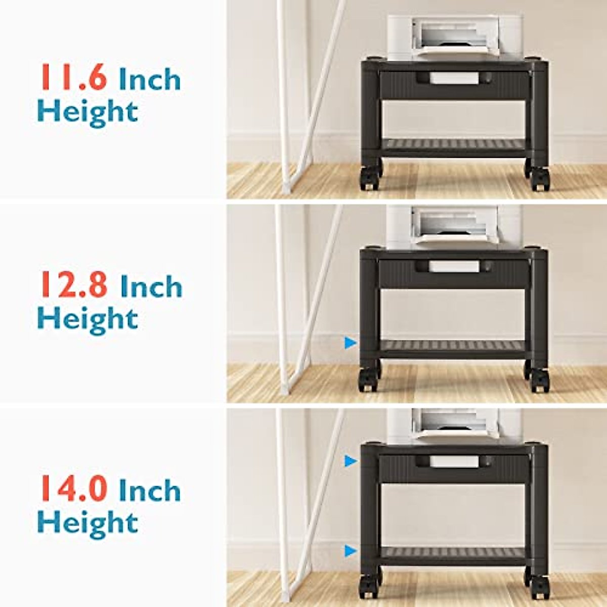 MaxGear Printer Stand, Under Desk Printer Stand with File Storage and Cable Management, Height Adjustable Printer Cart, 2 Tier Computer Printer Desk Stand with 4 Wheels, 3D Printer Table for Office
