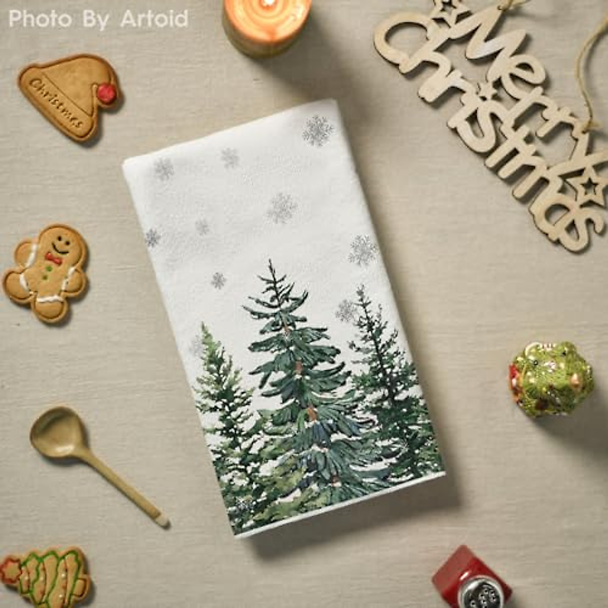 Artoid Mode Elk Trees Snow Hello Winter Kitchen Towels Dish Towels, 18x26 Inch Seasonal Christmas Decoration Hand Towels Set of 2