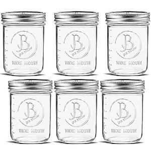 Wide Mouth Mason Jars 16 oz - (6 Pack) - Clear Glass Pint Mason Jars With Airtight Lids and Bands. For Storage, Canning, Fermenting, Meal Prep, Overnight Oats, Freezing, Microwave & Dishwasher Safe