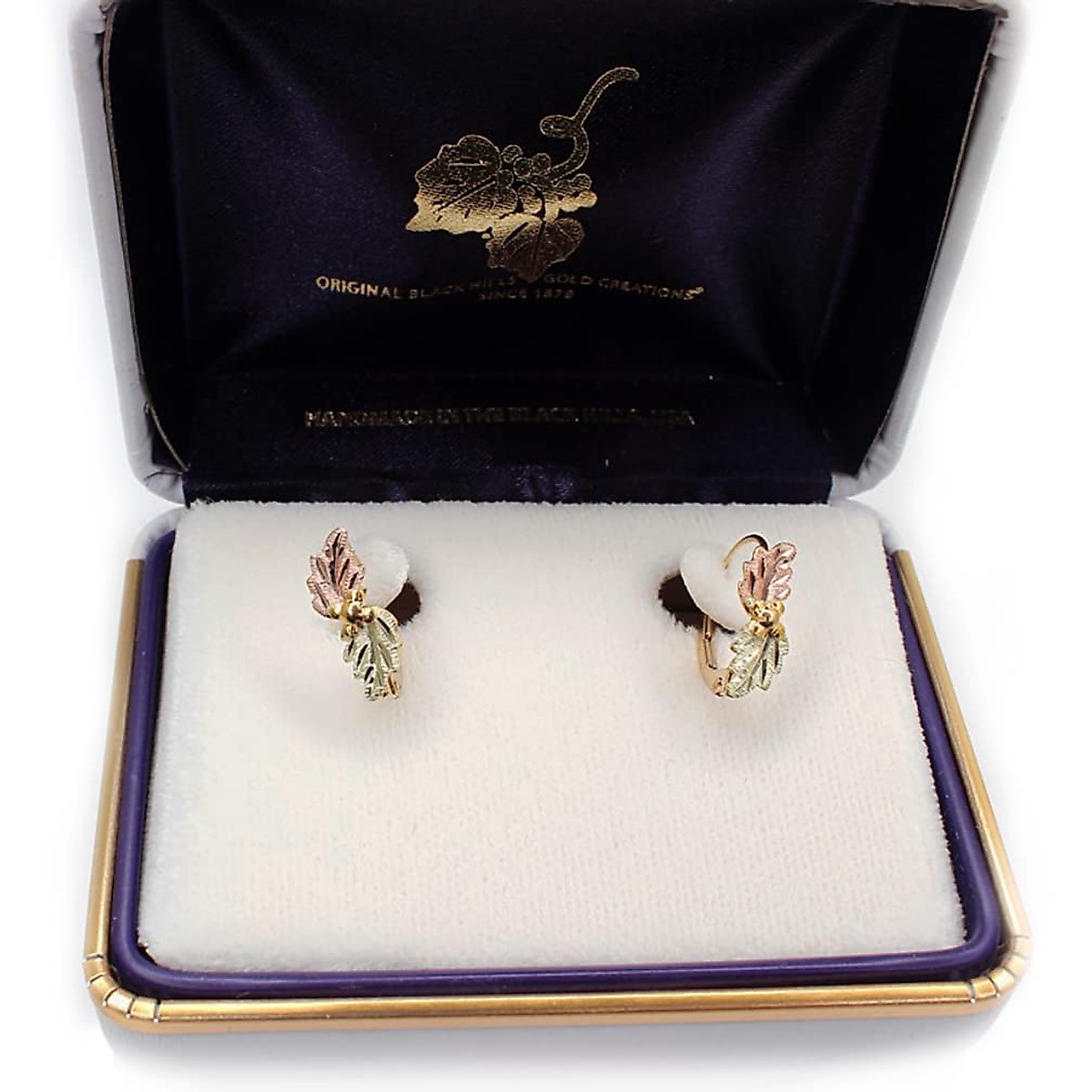 Precious Leaf Leverback Earrings, 10k Yellow Gold, 12k Green and Rose Black Hills Gold