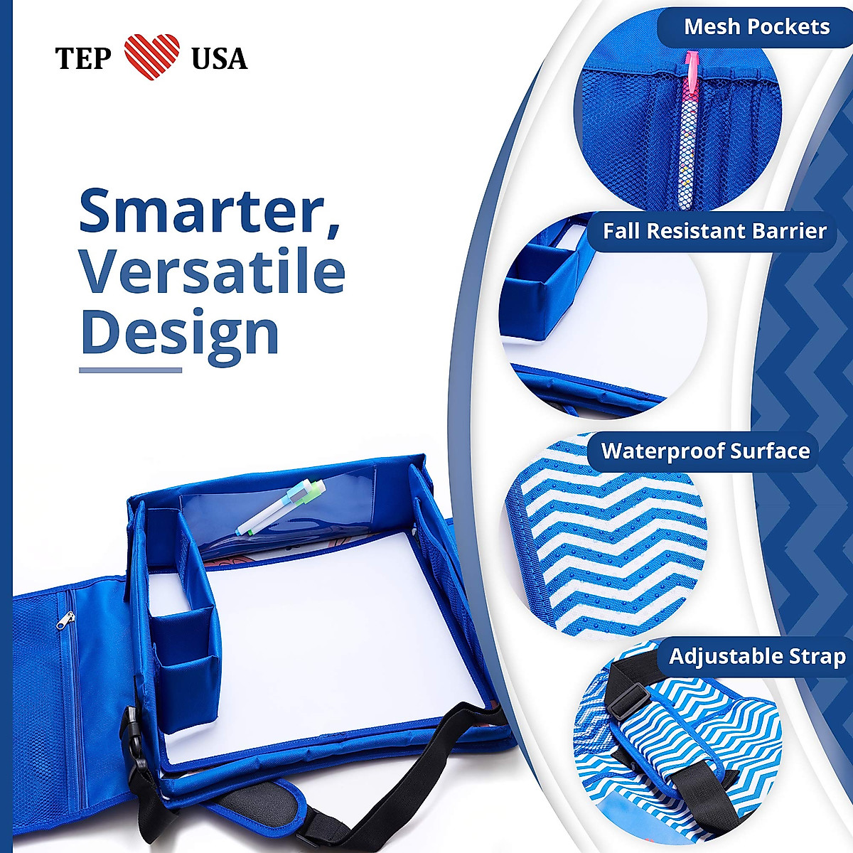 Car Seat Kids Travel Tray - Toddler Lap Activity Table Includes Dry Erase Board, Dry Erase Markers, Coloring Book & Secure Tablet Cover - Comfort Car Tray Base, Foldable with Easy to Carry Strap