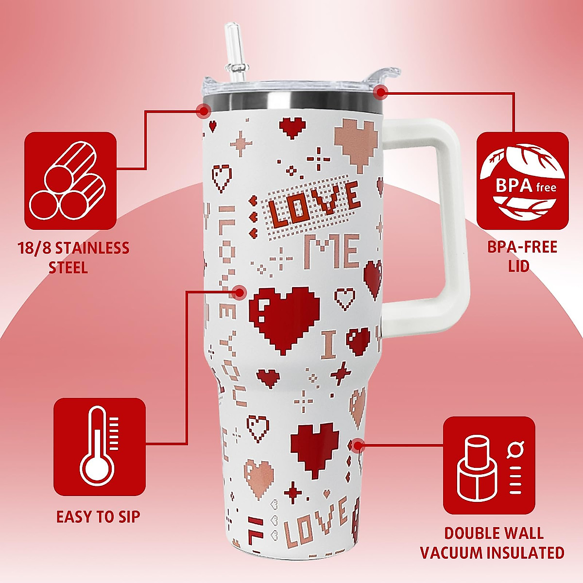 Nqhsionv Valentines Tumbler with Handle 40 oz 5D Pixel Style Love Hearts Coffee Travel Mug Stainless Steel Insulated Cup Valentines Anniversary Wedding Birthday Gifts for Women