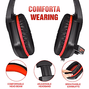 PHOINIKAS H1 Gaming Headset for PS4, Xbox One, PC, Laptop, Switch, Xbox One Headset with Noise-Cancelling Mic, Over Ear Headphones with Bass Surround - Red