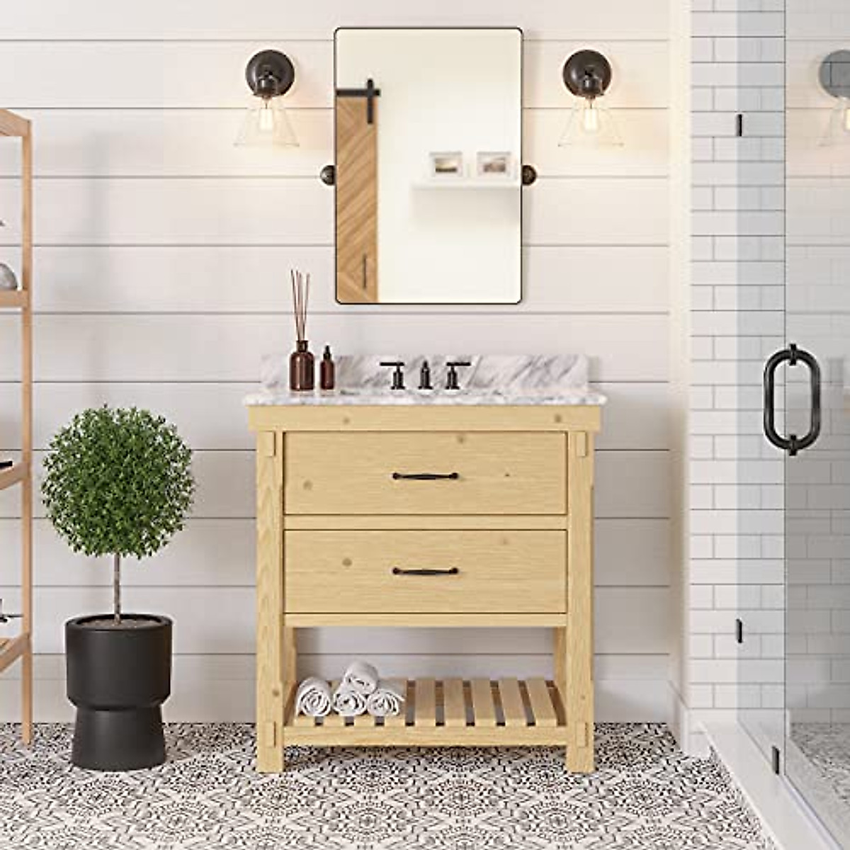 Birmingham 36-inch Bathroom Vanity (Carrara/Driftwood): Includes Driftwood Cabinet with Authentic Italian Carrara Marble Countertop and White Ceramic Sink