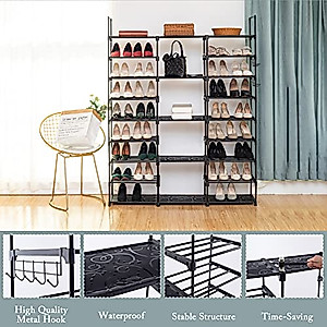 CLIFFBUCK 9 Tiers Shoe Rack Organizer for Closet Large Shoe Rack Storge for 50-55 Pairs Shoe and Boots Stackable Black Metal Free Standing Shoe Racks with Side Hooks for Garage，Bedroom