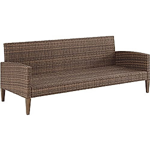 Crosley Furniture Capella Wicker Outdoor Sofa, 3-Person Patio Couch for Porch, Deck, Backyard, Brown with Creme Cushions