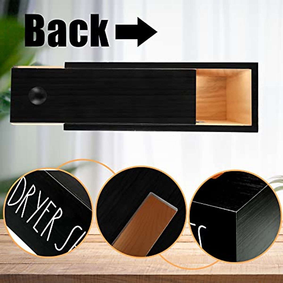 Dryer Sheet Holder Dispenser Container Dryer Sheet Storage Box for Laundry Room Decor Light Luxury Style Fabric Softener Dispenser for Organizing Decorations (Black,Wood)