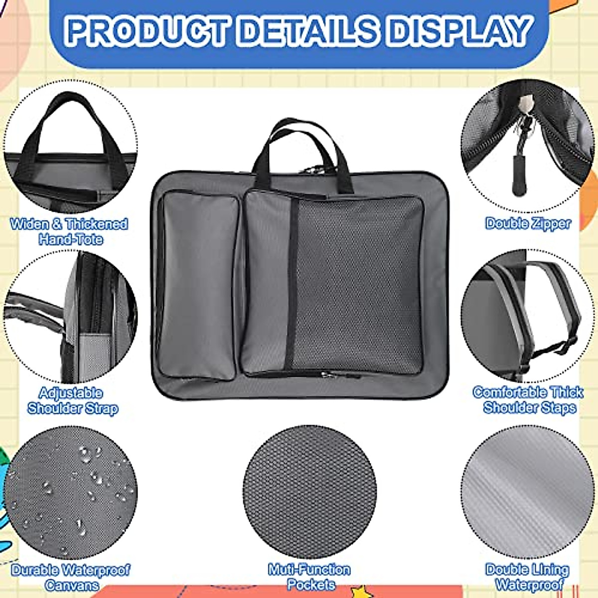 2 Pcs Art Portfolio Case, Art Portfolio Bag 16 x 18 Inch, Art Bag Organizer Backpack with Handle for Kids Artwork Children Drawing Lesson, Sketchbook Drawing Pencil Case Poster Board Project, Gray