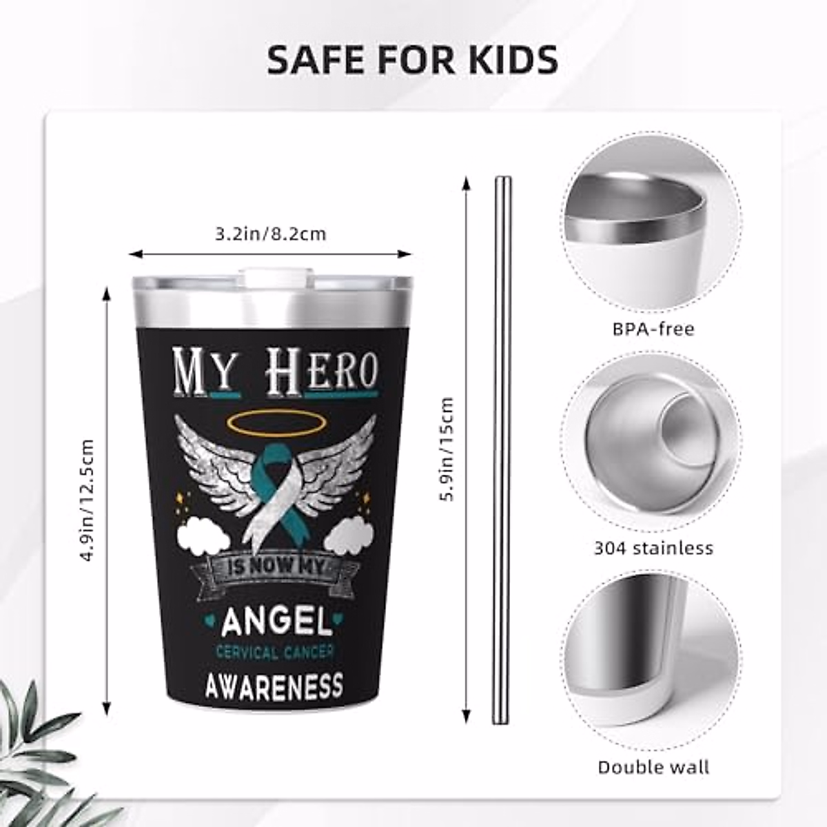 12oz Tumbler My Hero Is Now My Angel Cervical Cancer Awareness Stainless Steel Cup With Straw And Lid Spill Proof Bulk Double Wall Vacuum Reusable Water Tumblers For Cold Hot Drink