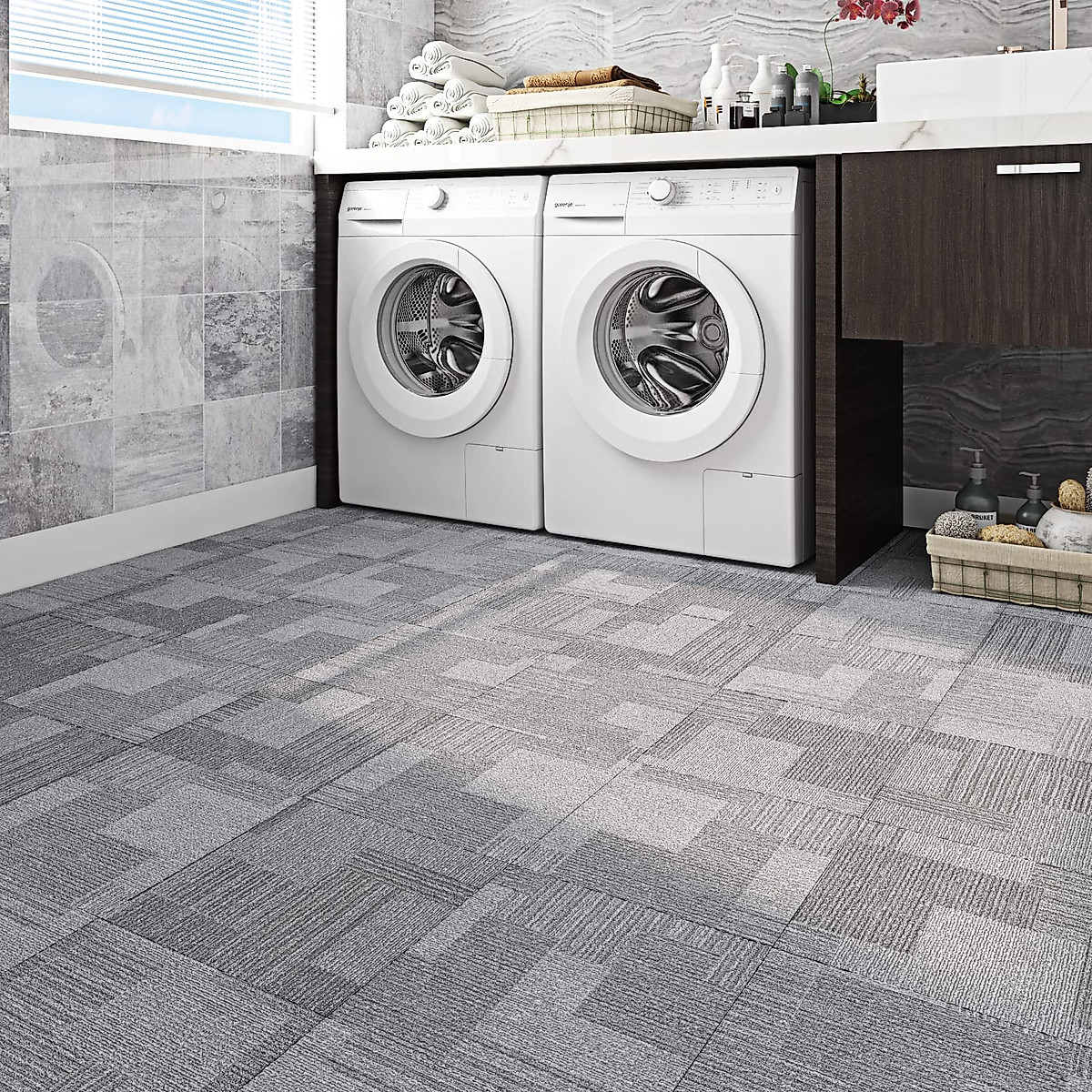 FunStick 15 Pack Vinyl Flooring Peel and Stick Floor Tile Bathroom Waterproof 12x12In Grey Stick on Flooring Tiles for Kitchen Bedroom Grey Laminate Flooring Removable Sticky Linoleum Carpet Tiles