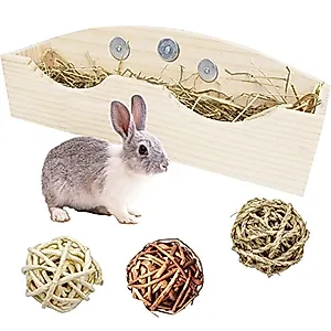 Hamiledyi Rabbit Hay Feeder Rack Bunny Grass Holder Wooden Food Feeding Manger with 3 Kinds of Grass Balls Less Wasted Hanging Hay Dispenser for Guinea Pigs Gerbil Chinchillas Squirrels Ferret