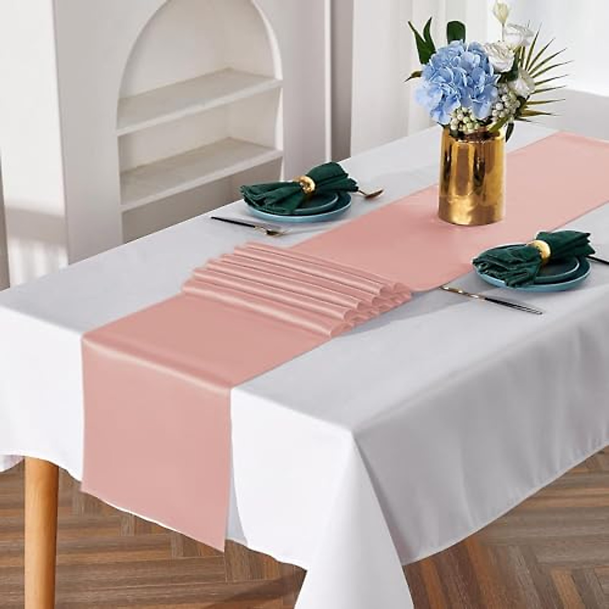 YUHX Pack of 10 Satin Table Runner 12 x 108 Inches Long, Rose Gold Table Runners for Wedding, Birthday Parties, Banquets Decorations（Rose Gold, 10 Pack）