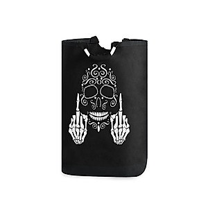 White Sugar Skull with Middle Finger Up Rock Roll on Black Laundry Hamper Basket Bucket, Foldable Dirty Clothes Bag, Waterproof Fabric Washing Bin, Toy Storage with Handles for Bathroom